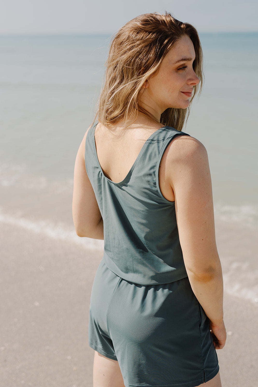 sage swim romper – Honey Mark.